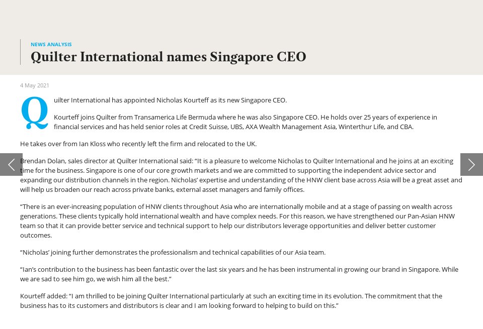 Quilter International names Singapore CEO - PBI Subscriber edition ...