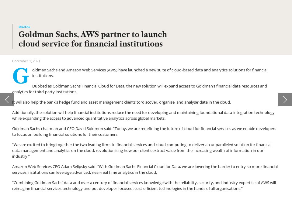 Goldman Sachs, AWS partner to launch cloud service for financial ...