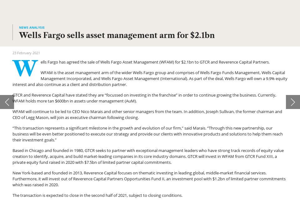 Wells Fargo sells asset management arm for $2.1bn - PBI Subscriber ...