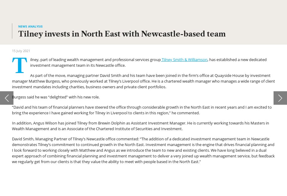 Tilney invests in North East with Newcastle-based team - PBI Subscriber ...