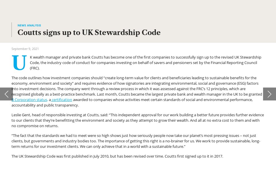 Coutts signs up to UK Stewardship Code - PBI Subscriber edition | Issue ...
